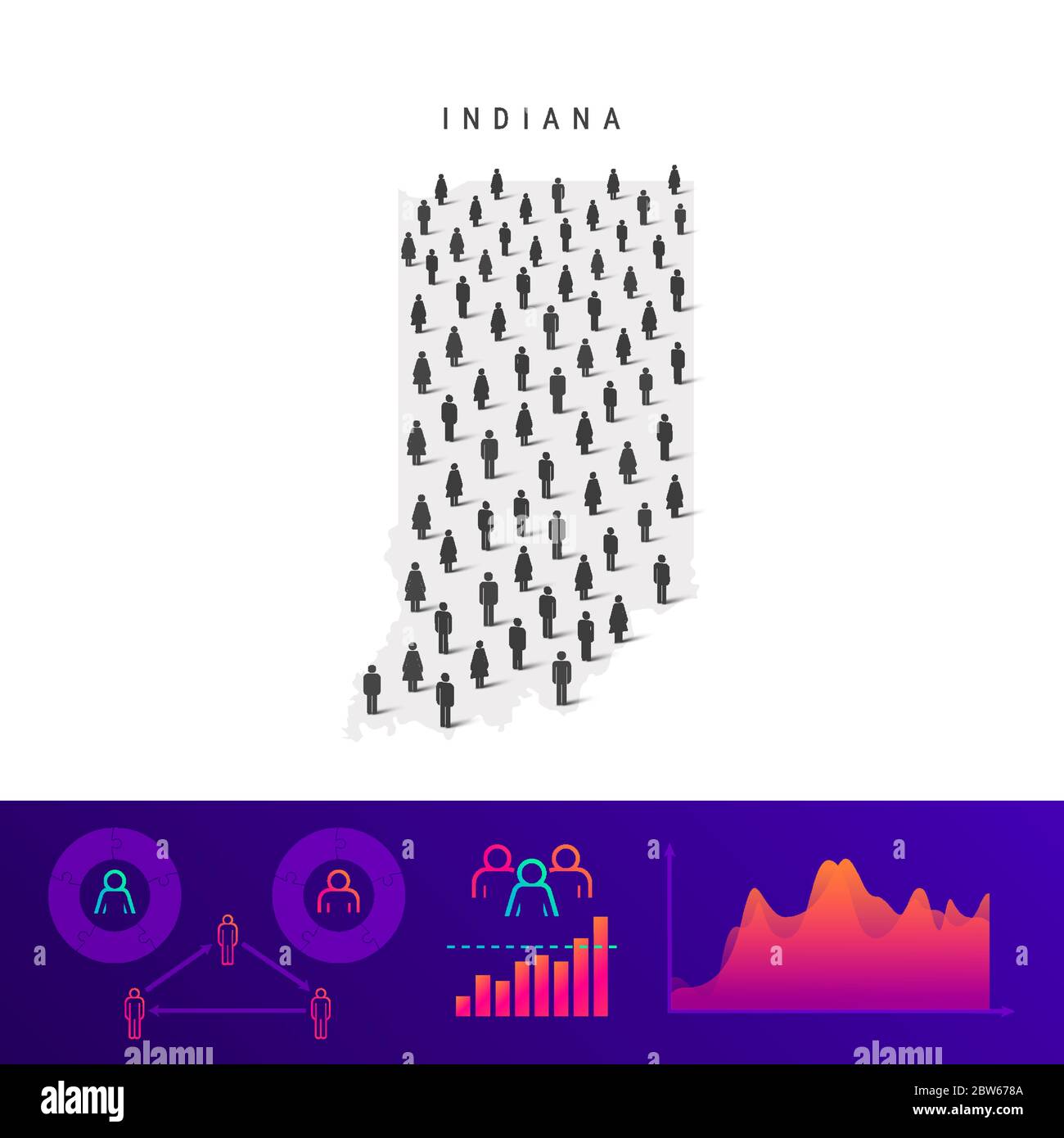 Indiana people map. Detailed vector silhouette. Mixed crowd of men and ...