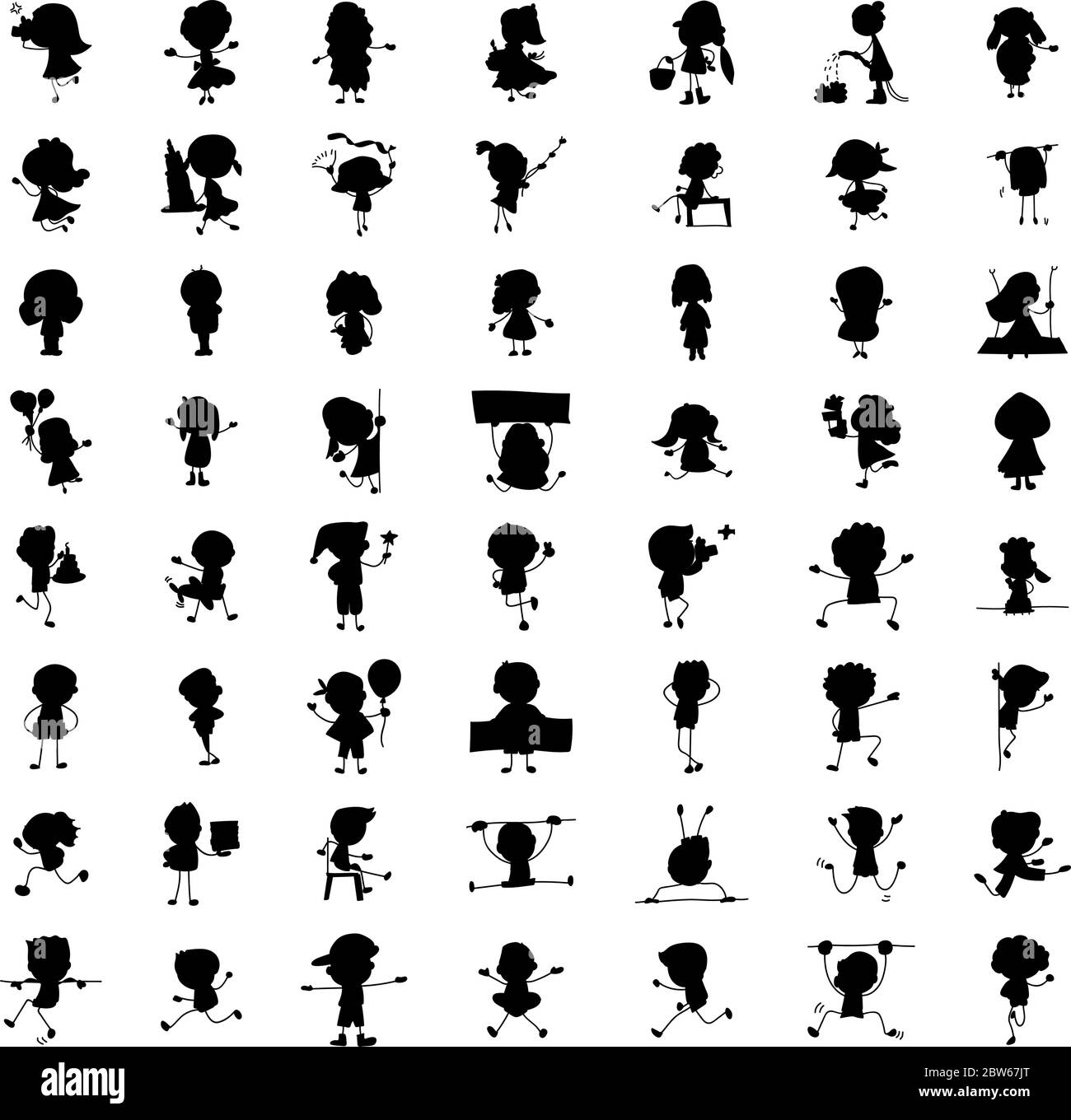 hand drawing abstract cartoon silhouette kids in different posture ...