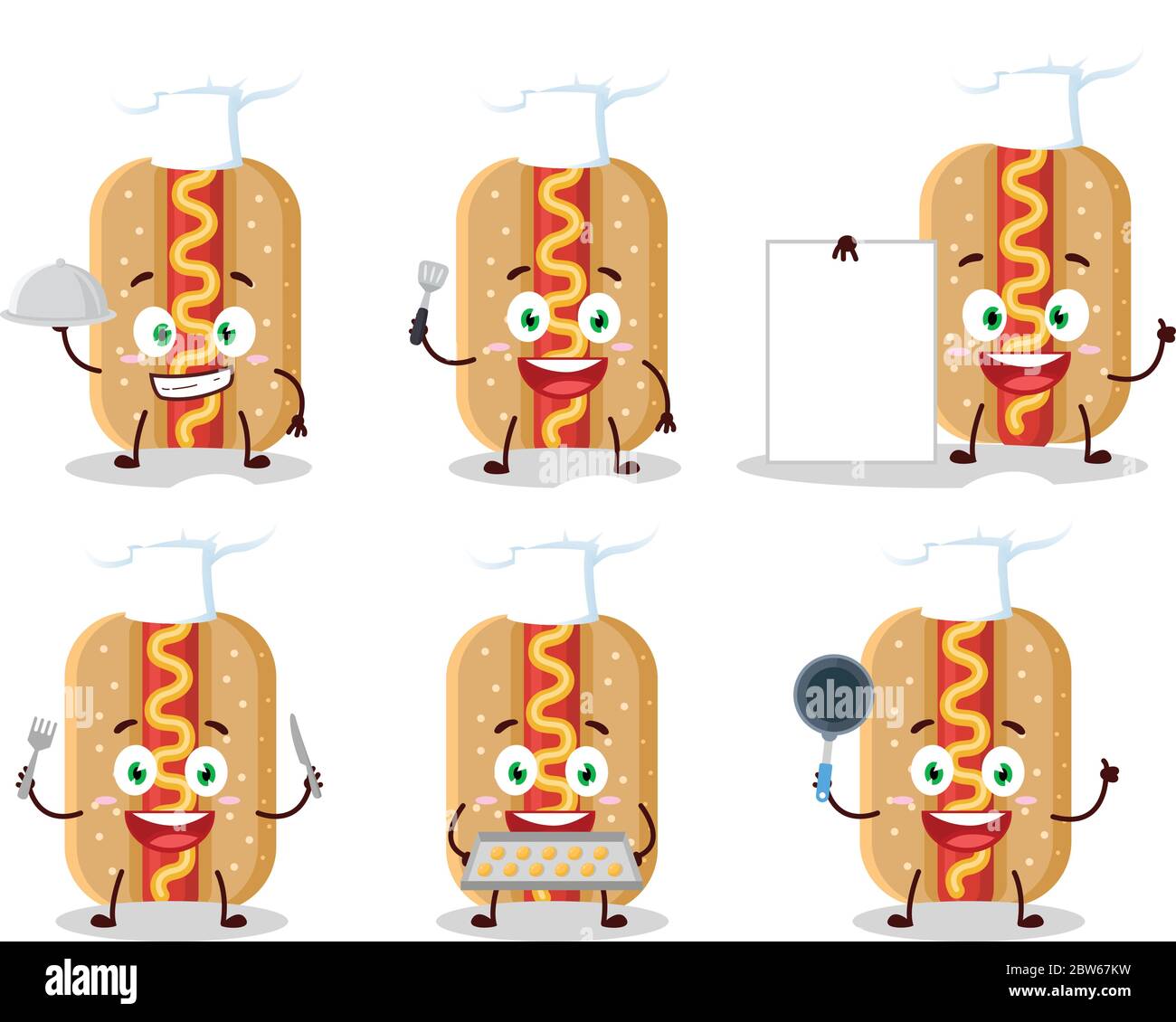 Cartoon character of hotdog with various chef emoticons Stock Vector ...