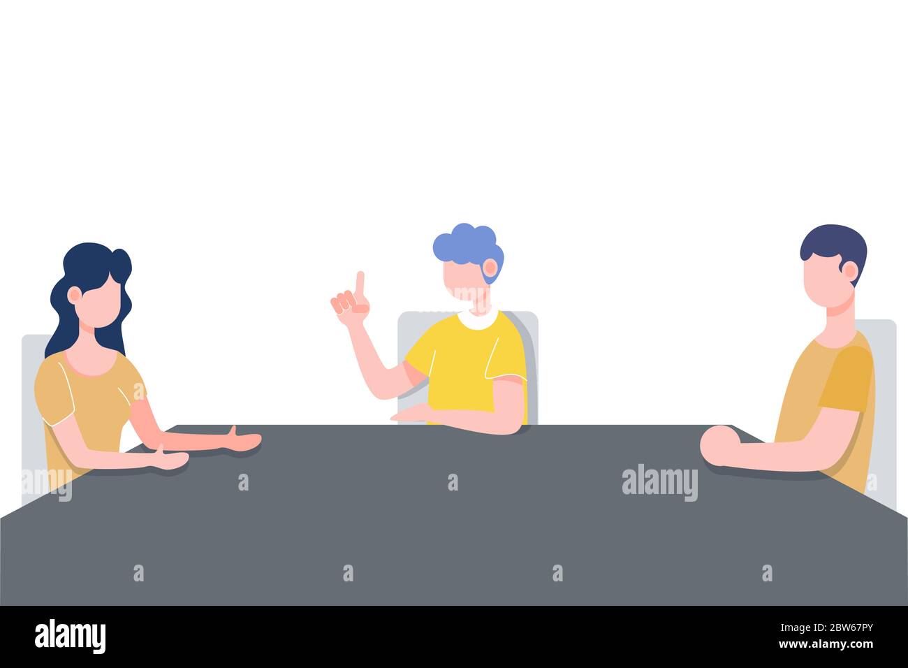 People in family three person sitting together keep distance flat ...