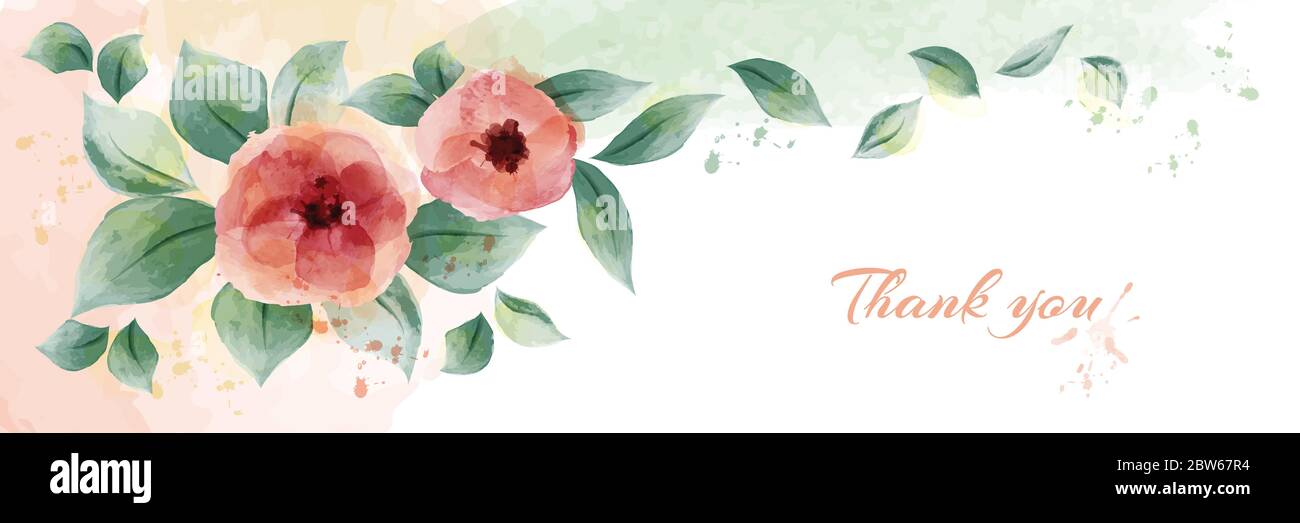 Watercolor design with roses and leaves. Horizontal watercolor flower ...