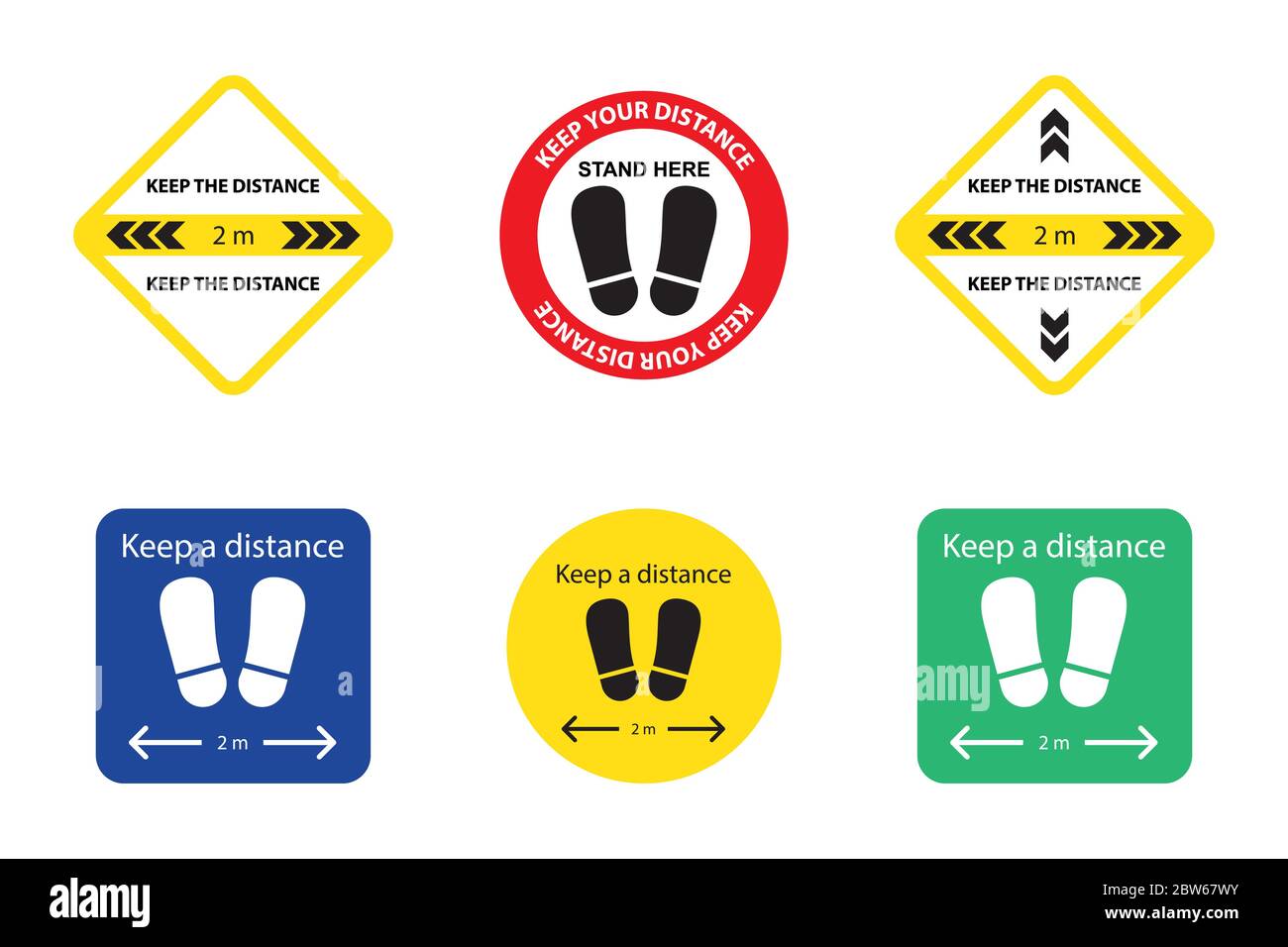 Set of six Keep your distance sign stickers for reopening business. New ...