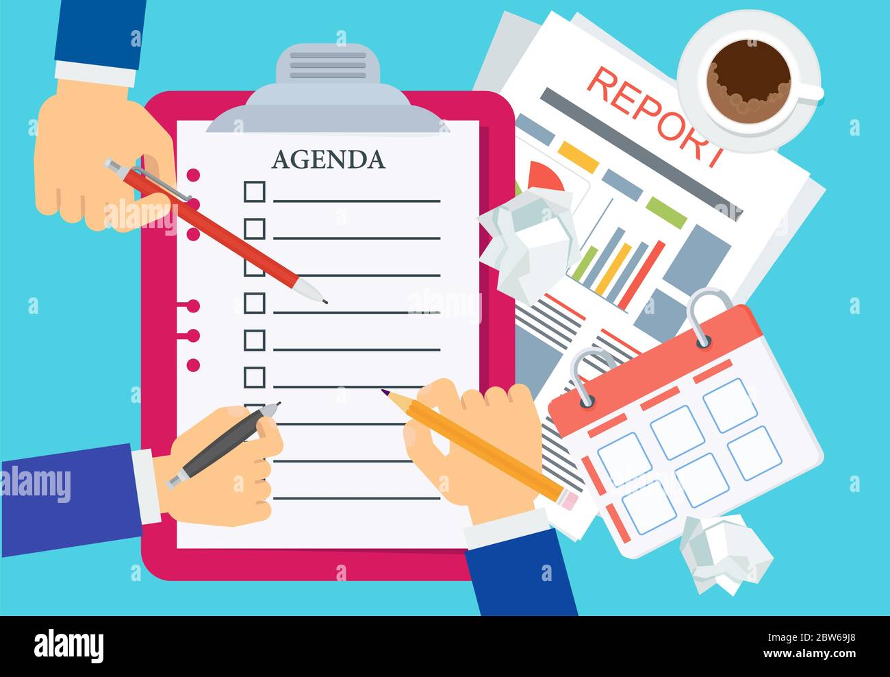 Team makes agenda. Business management. Flat vector cartoon ...