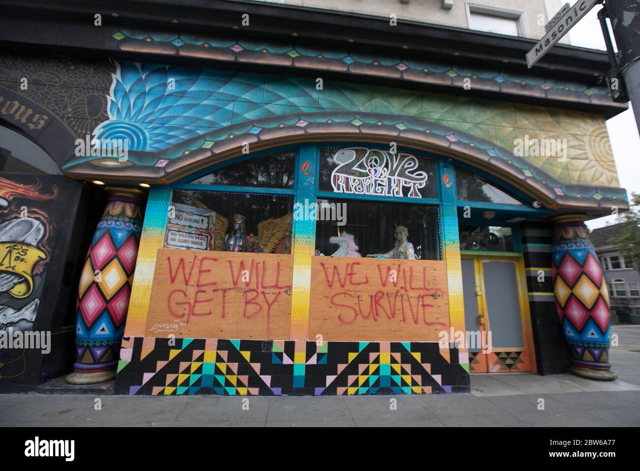 A boarded up storefront on May 2, 2020 in San Francisco, California ...