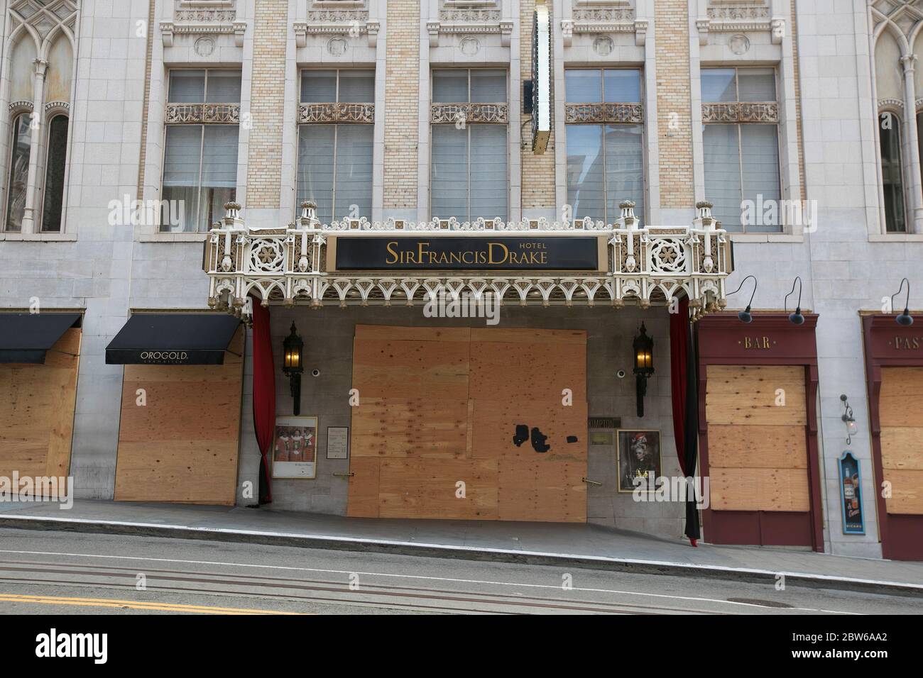 Sir Francis Drake Hotel boarded up storefront on May 2, 2020 in San Francisco, California Stock ...
