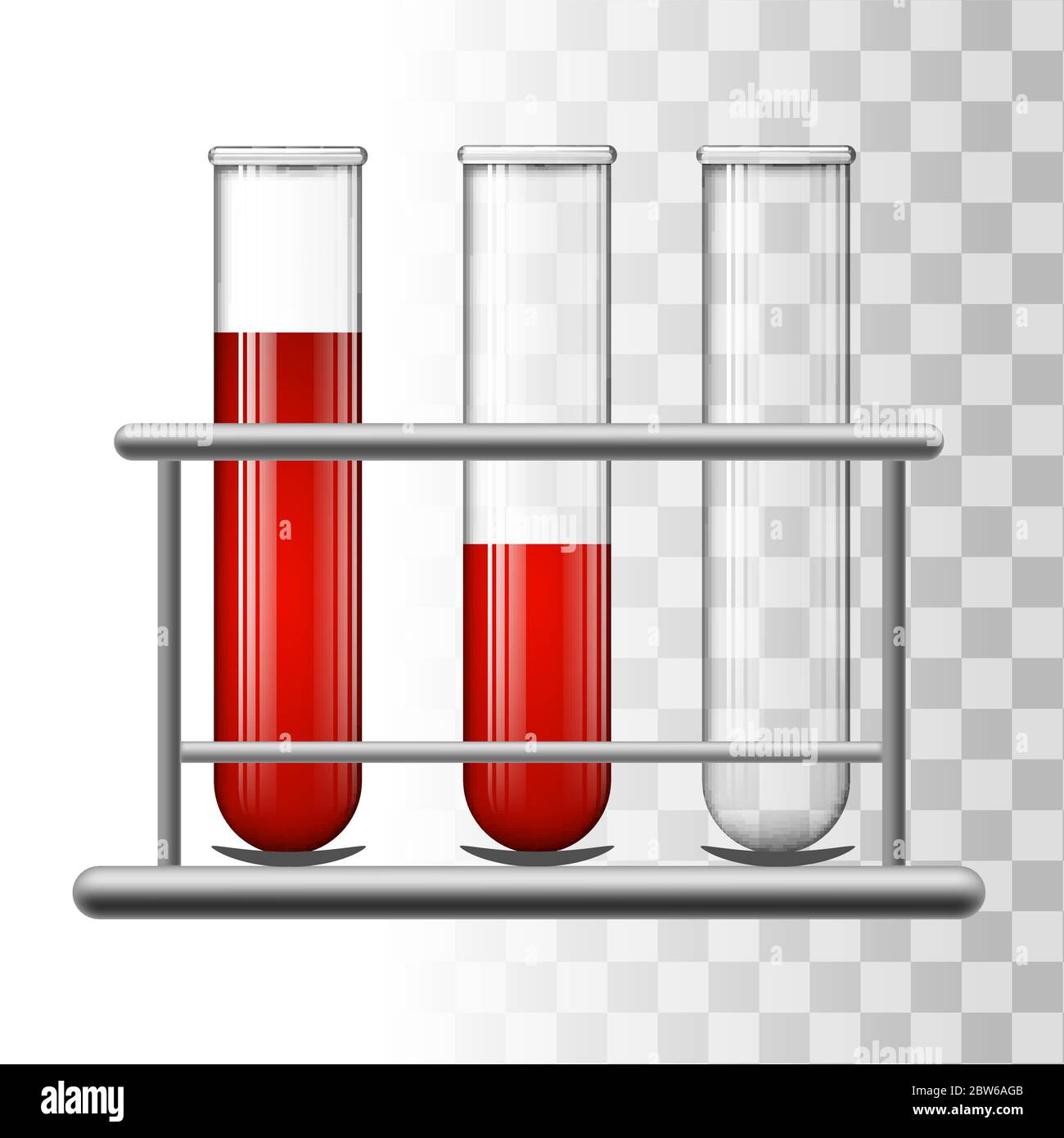 Medical test tubes with blood in rack. Transparent glass flasks. Vector ...
