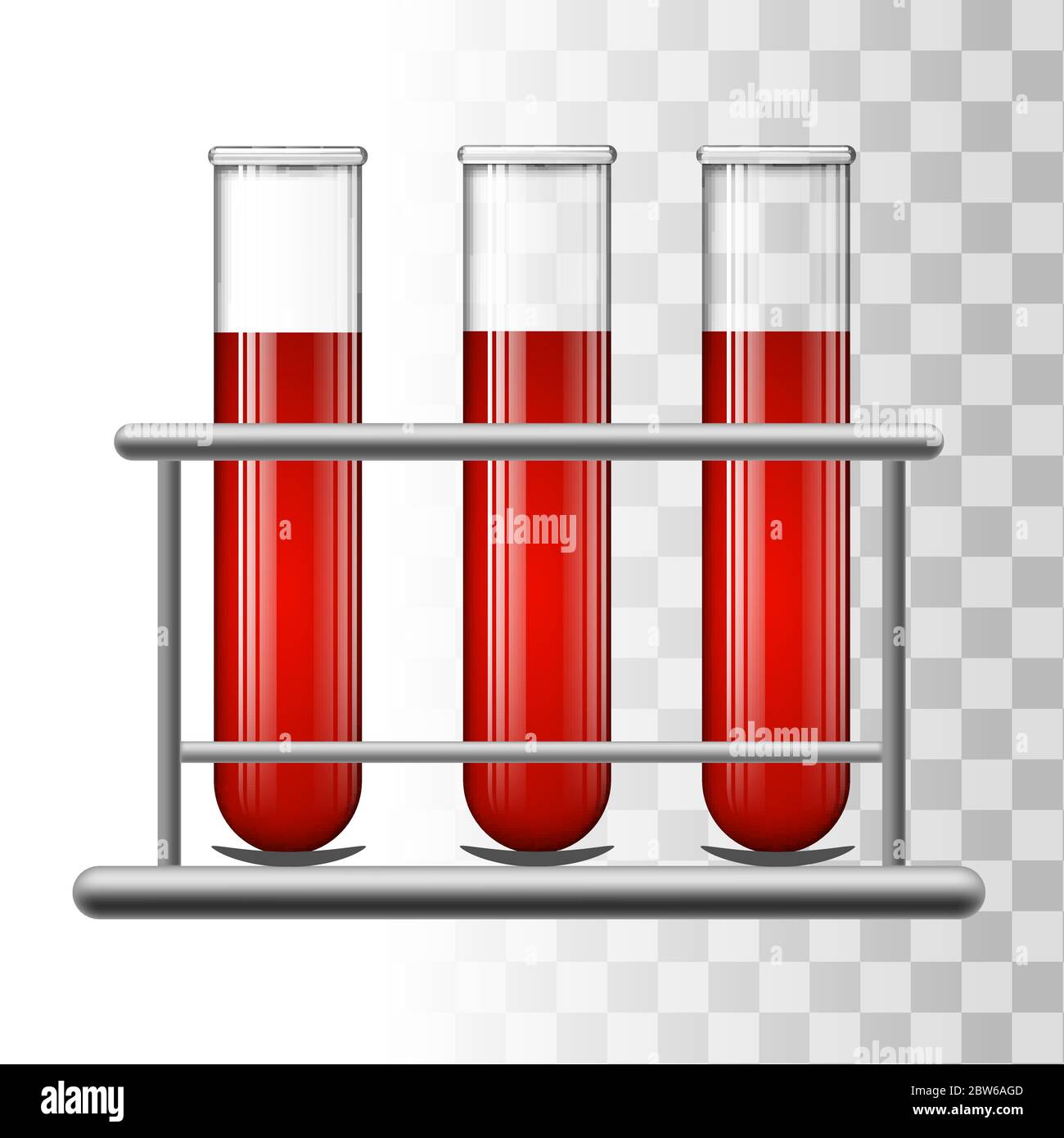 Medical test tubes with blood in rack. Transparent glass flasks with ...