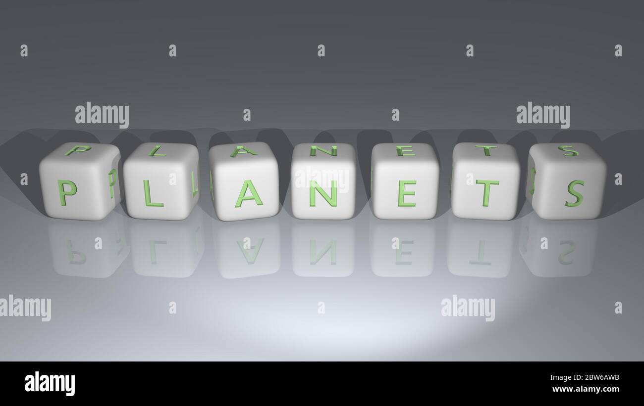 alphabetic PLANETS arranged by cubic letters on a mirror floor, concept ...