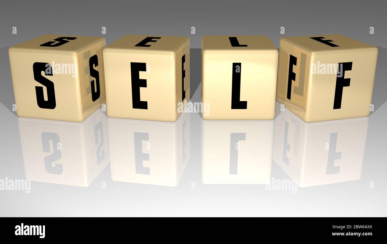 SELF arranged by golden cubic letters on a mirror floor, concept ...