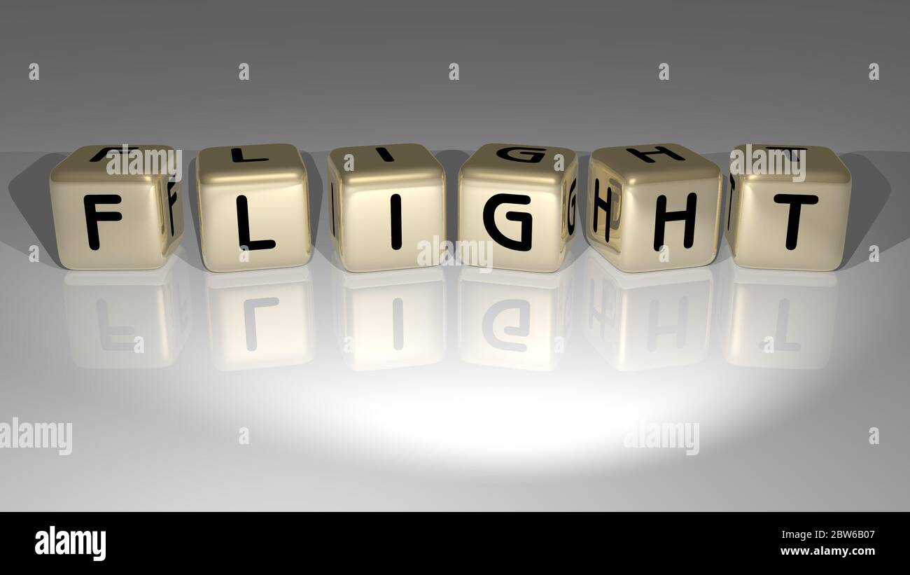 Flight arranged by golden cubic letters on a mirror floor, concept ...