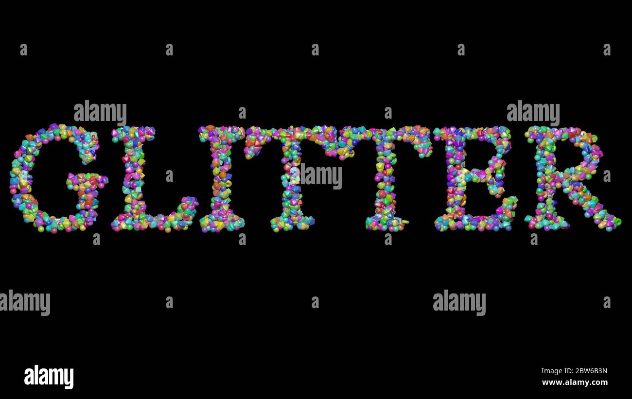 Colorful 3D writting of glitter text with small objects over a dark ...