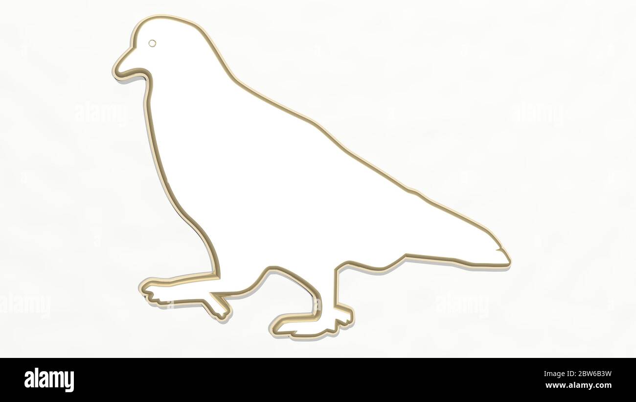 PIGEON on the wall. 3D illustration of metallic sculpture over a white ...