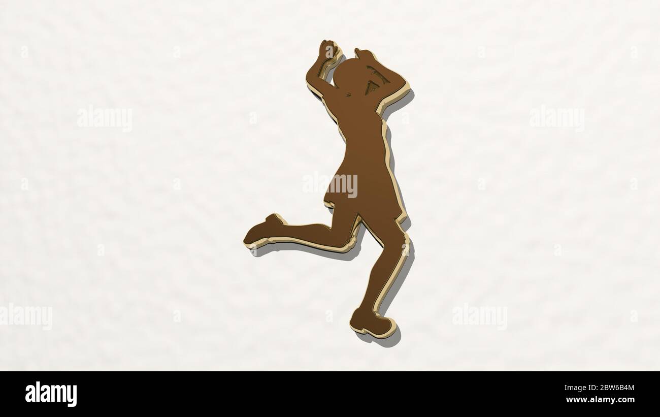 girl dancing on the wall. 3D illustration of metallic sculpture over a ...