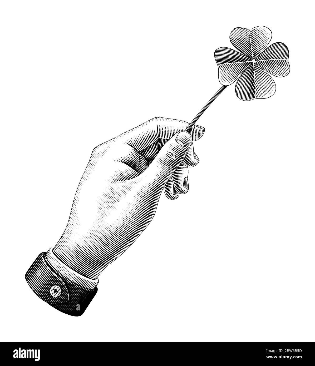 Hand hold clover leaf drawing vintage style black and white clipart ...