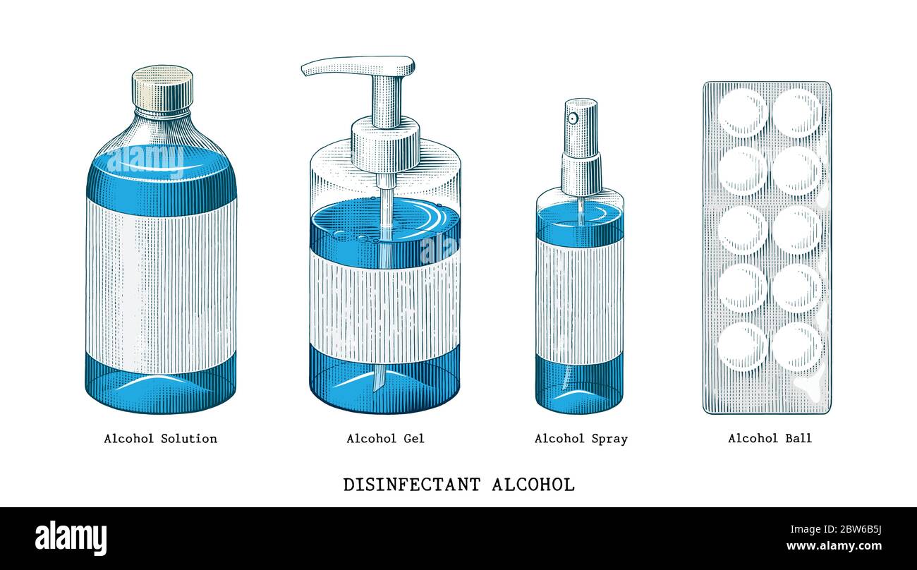 Disinfectant alcohol set hand draw vintage style clip art isolated on ...