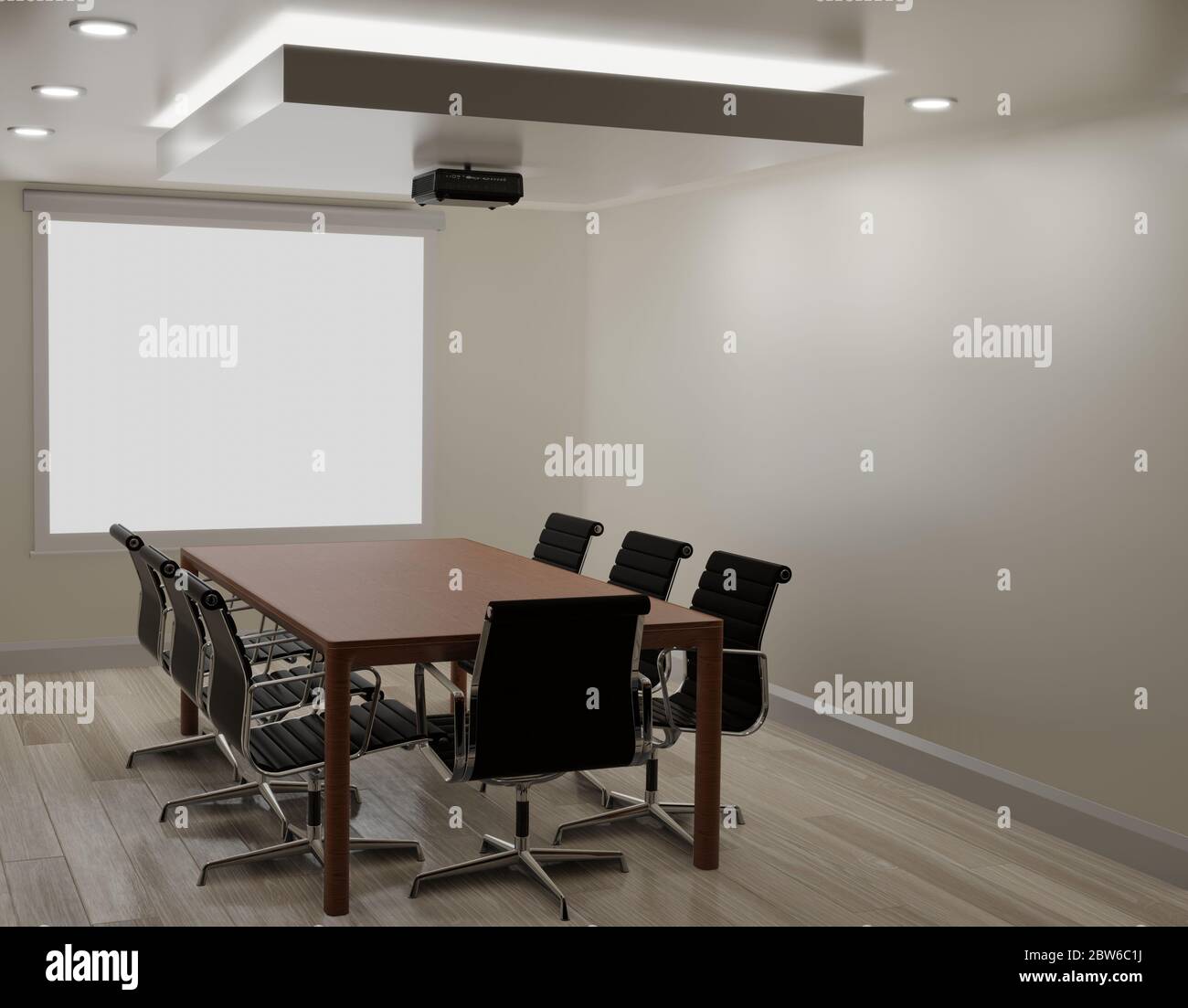 Meeting room with white wall, wooden floor ,projector machine copy ...