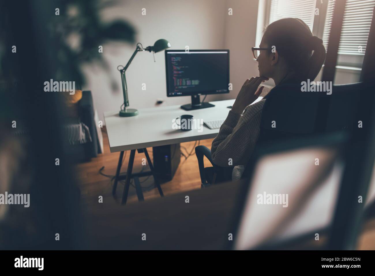 Rear view of programmer reading computer codes on desktop PC Stock ...