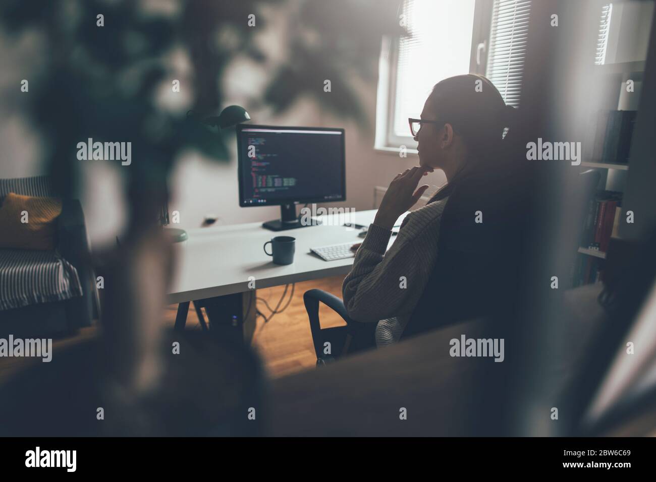 Rear view of programmer reading computer codes on desktop PC Stock ...