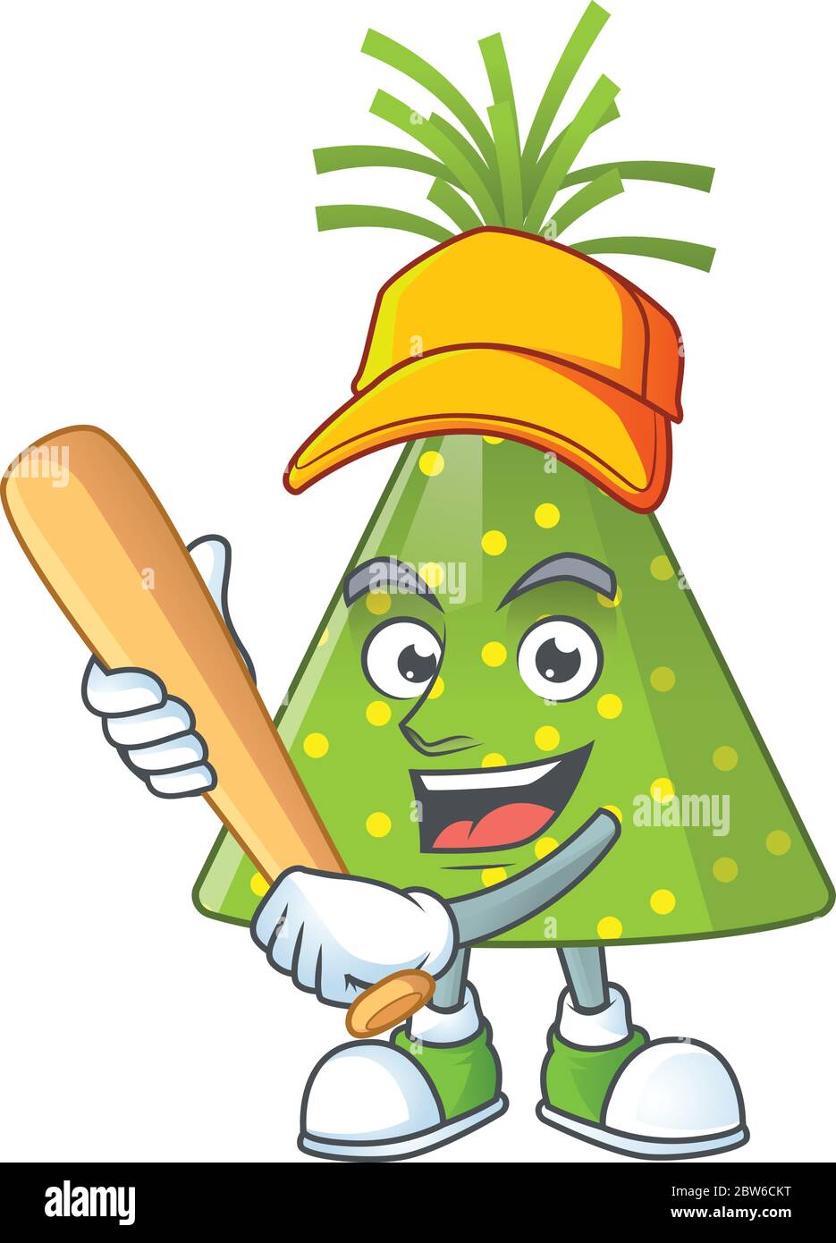 cartoon design concept of green party hat playing baseball with stick ...