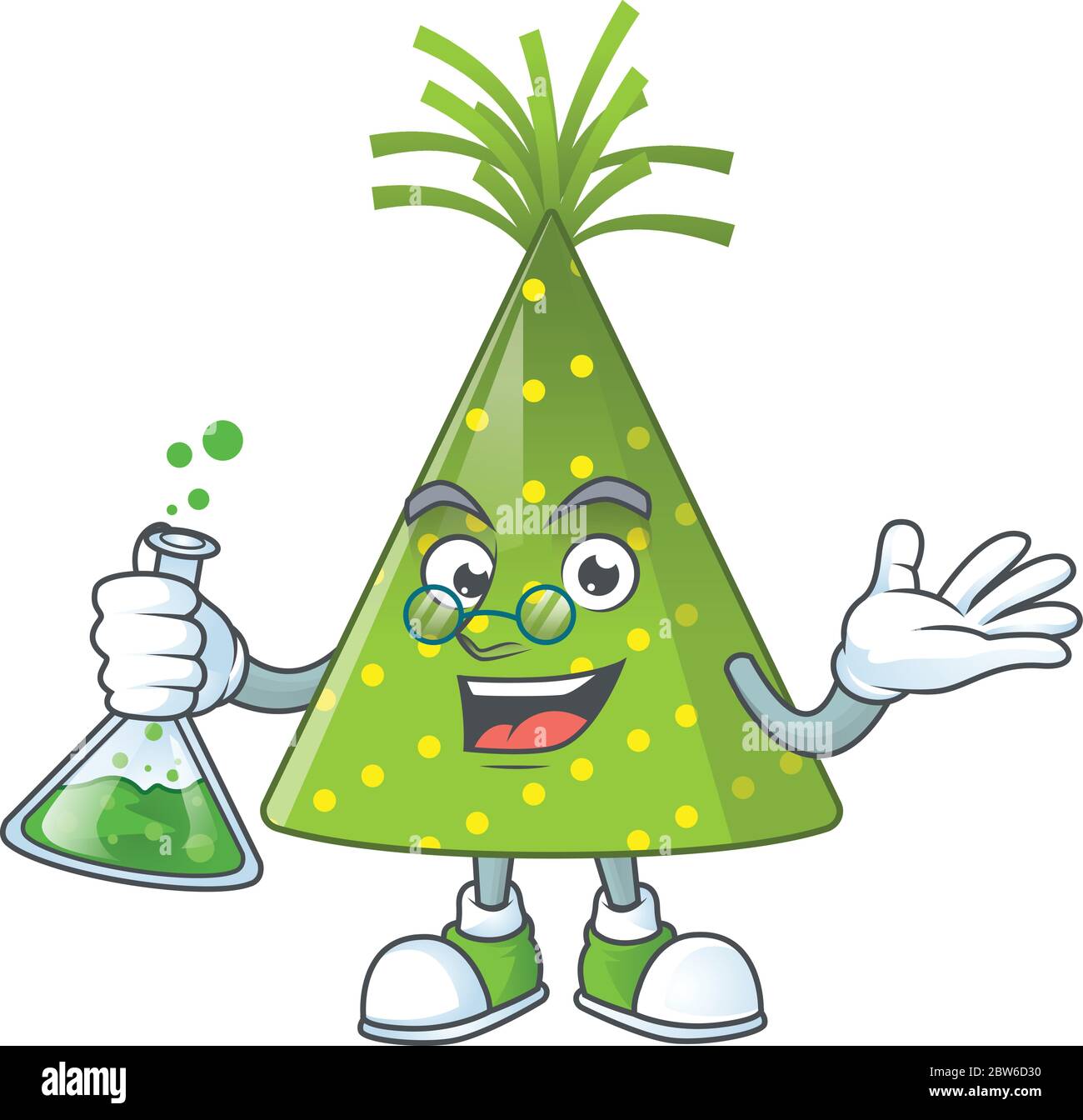 Green party hat smart Professor Cartoon character holding glass tube on ...