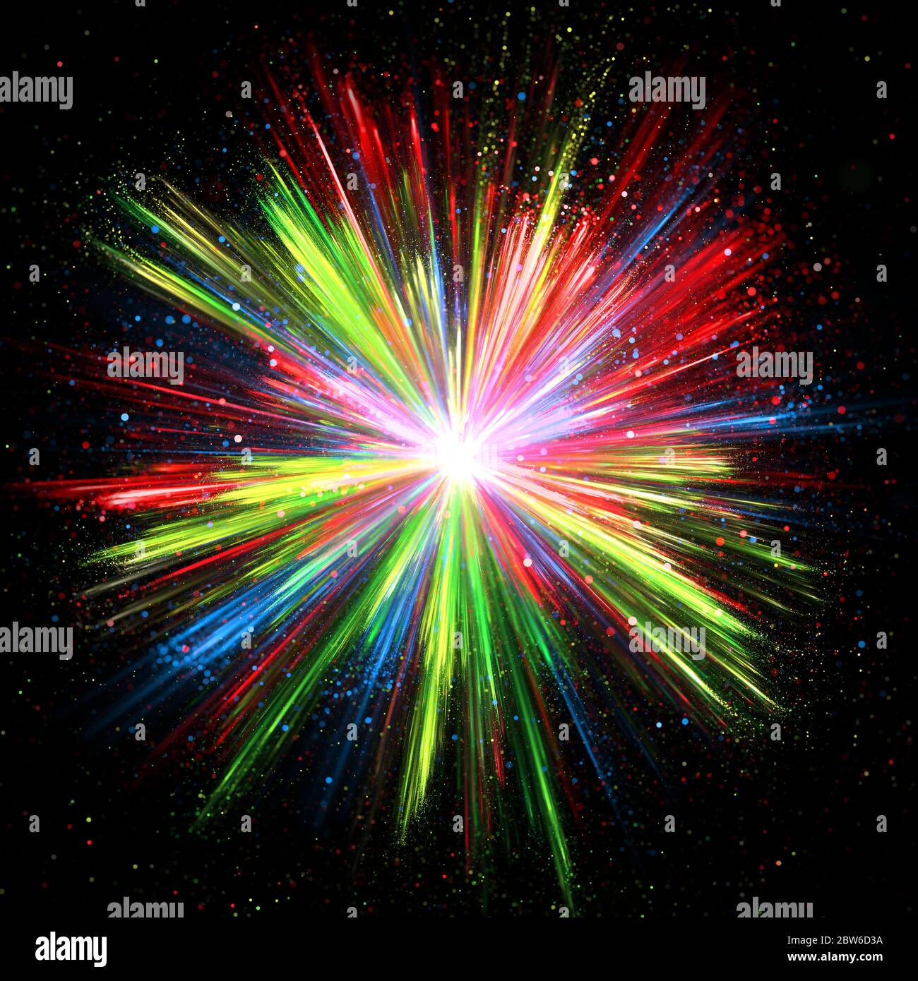Fast moving explosion of green, blue and red colored powders, on a ...