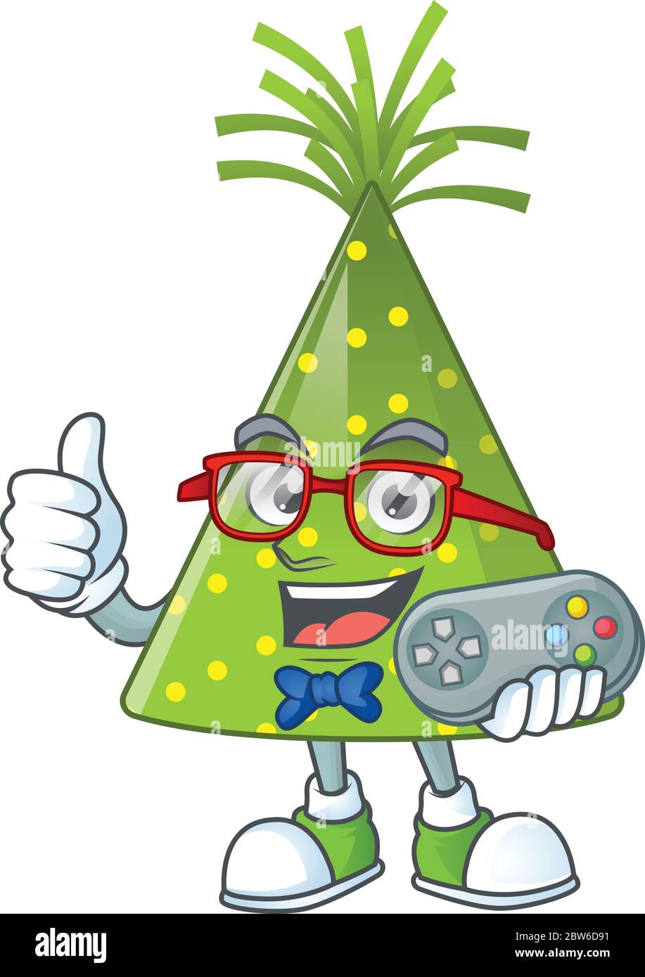 Cartoon mascot design of green party hat play a game with controller ...