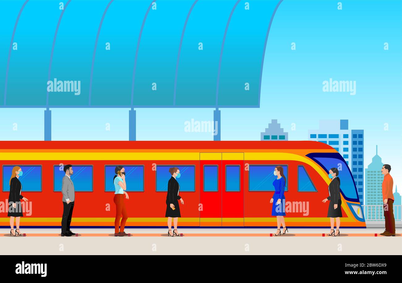 People queuing up to keep their distance while waiting for the train at ...