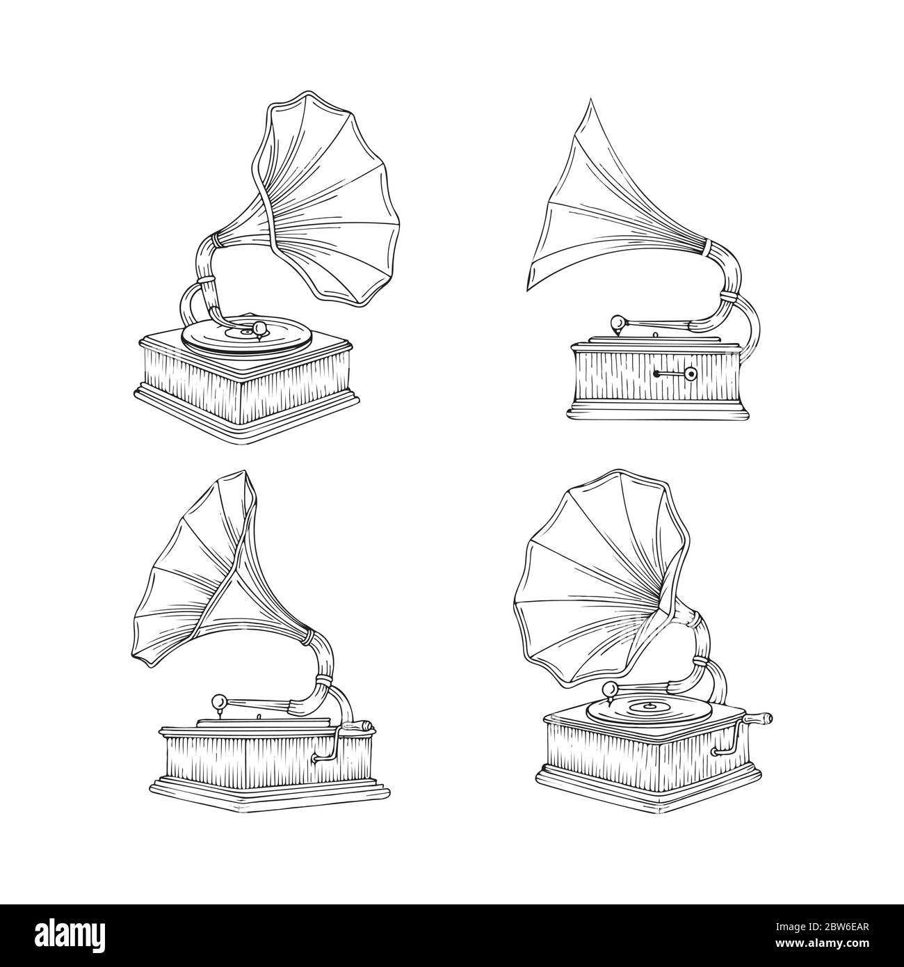 Vintage gramophone hand drawn illustrations set. Old gramophones in ...