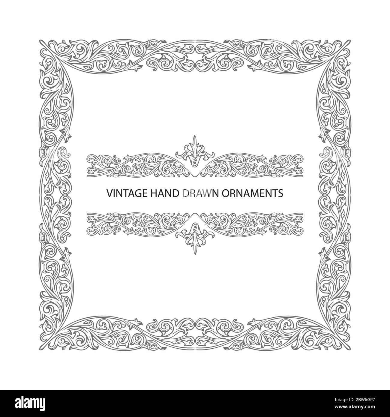 Vintage frame and ornaments. Hand drawn old style ornaments ...