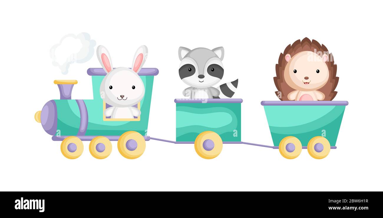 Cute raccoon, rabbit and hedgehog ride on train. Graphic element for ...