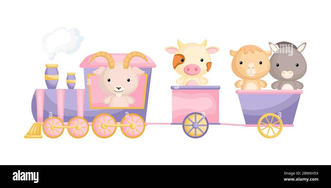Cute goat, cow, camel and donkey ride on train. Graphic element for ...