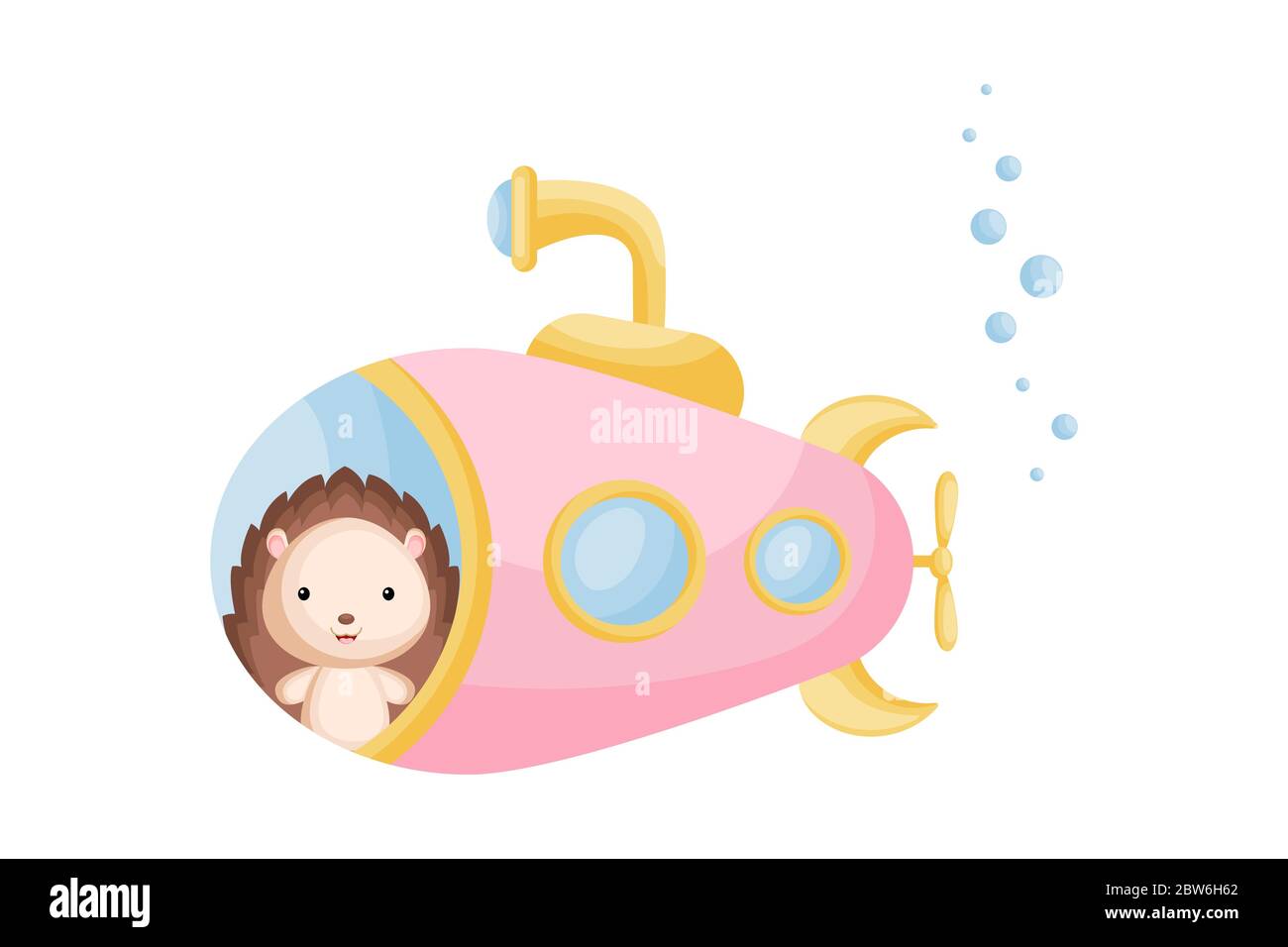 Cute cartoon hedgehog looks out of pink submarine window. Design of t ...