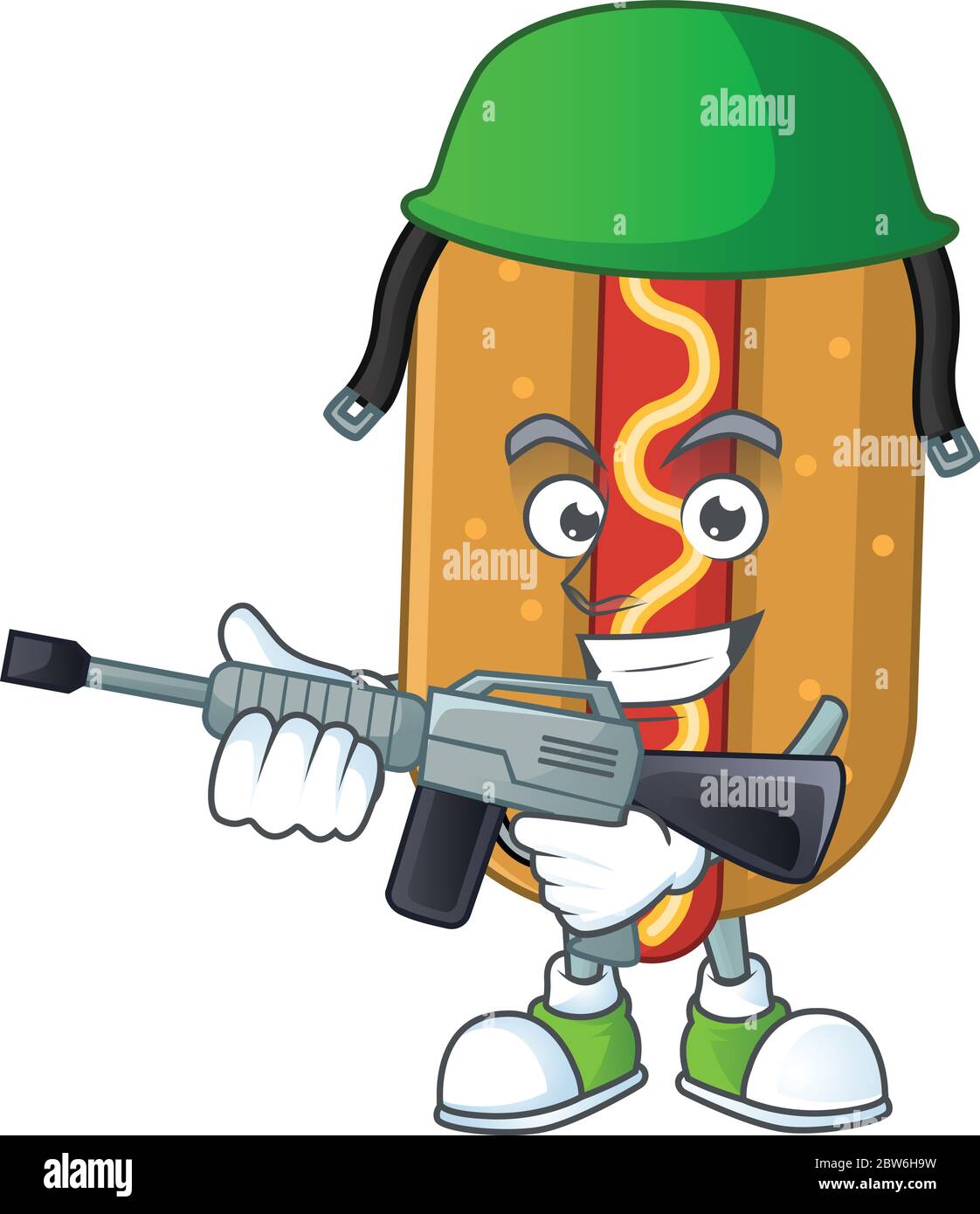 A mascot design picture of hotdog as a dedicated Army using automatic ...