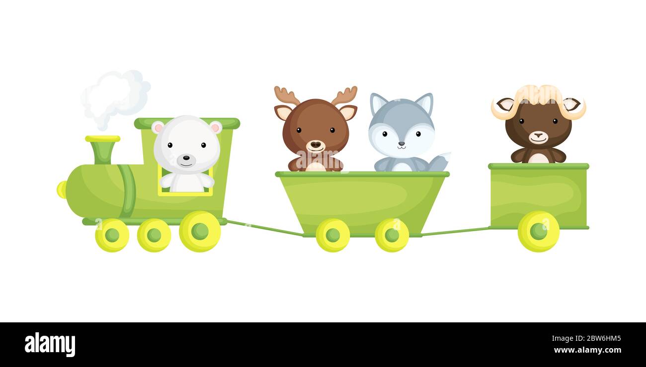 Cute polar bear, moose, wolf and musk ox ride on train. Graphic element ...