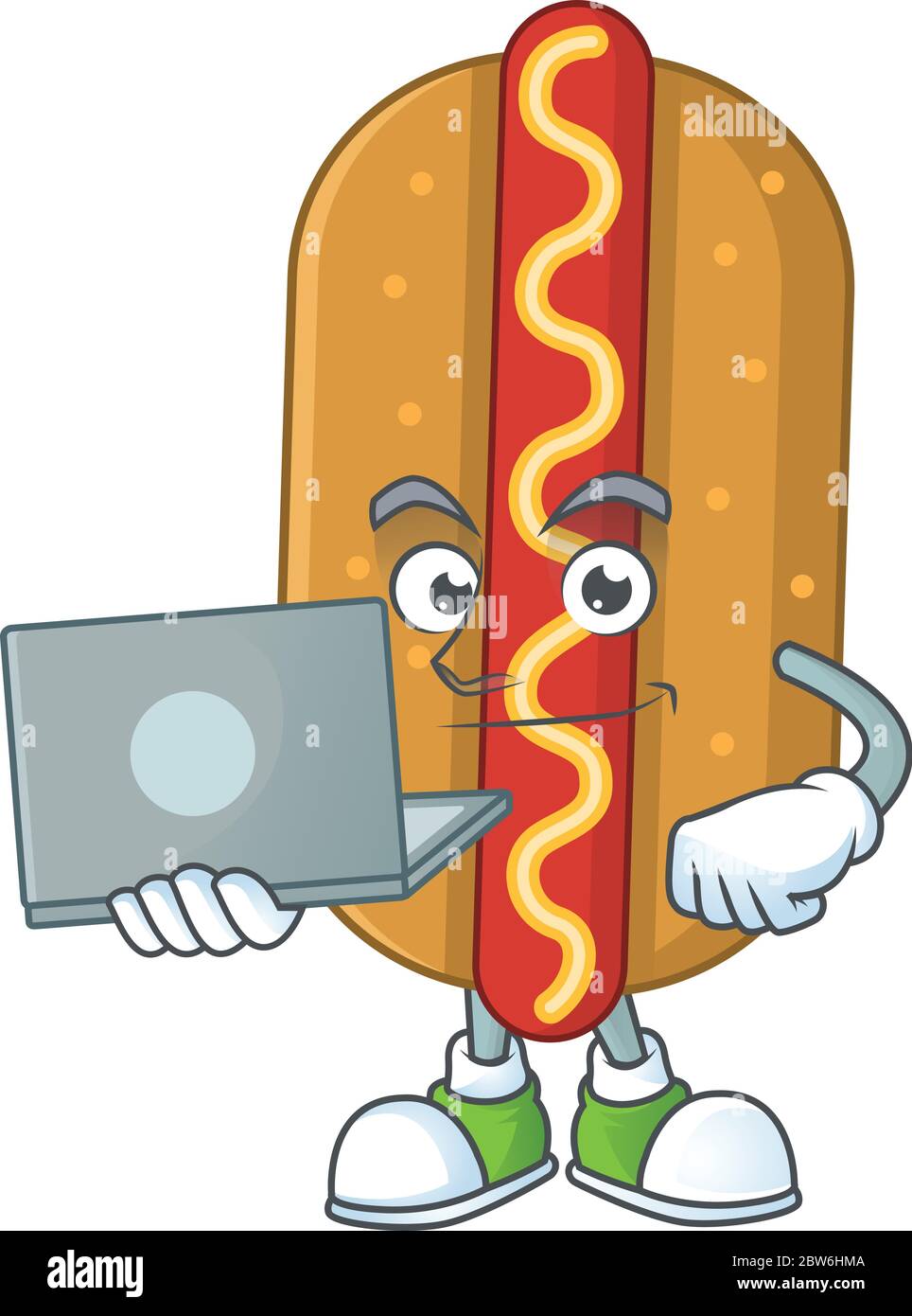 Diligent hotdog cartoon drawing concept working from home with laptop ...