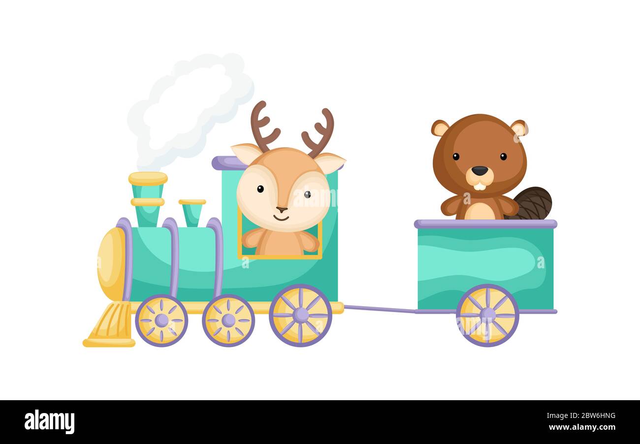 Cute deer and beaver ride on train. Graphic element for childrens book ...