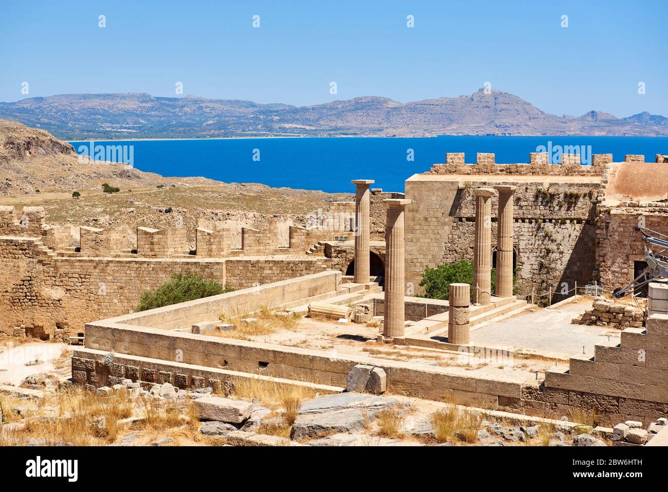 Ancient columns in the Acropolis of famous Lindos town in Rhodes Stock ...