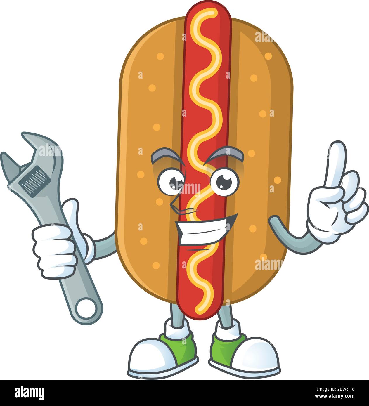 A smart mechanic hotdog cartoon mascot design fix a broken machine ...