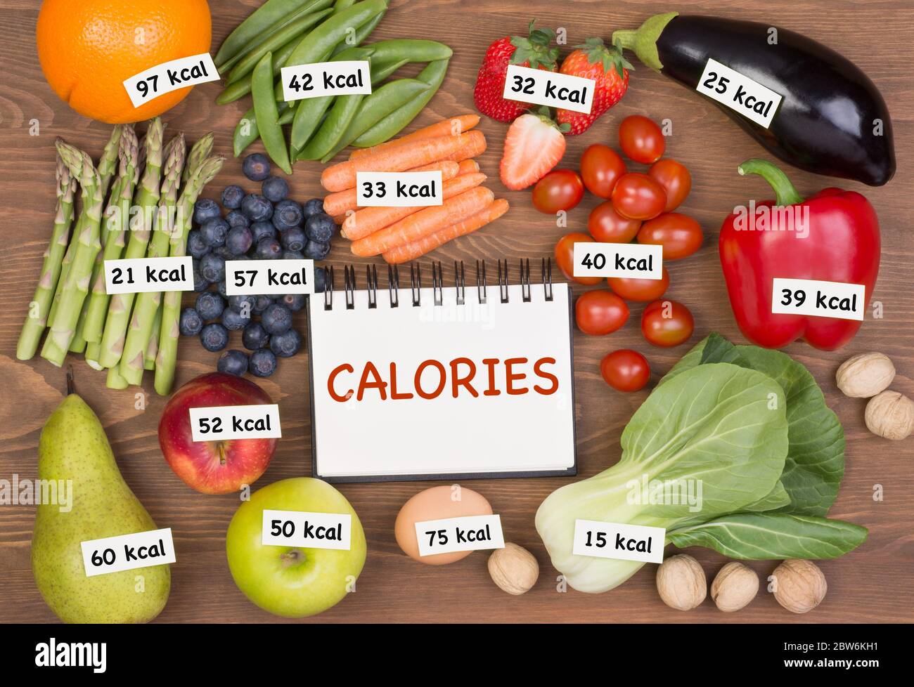 Fruits and vegetables with calories labels Stock Photo - Alamy