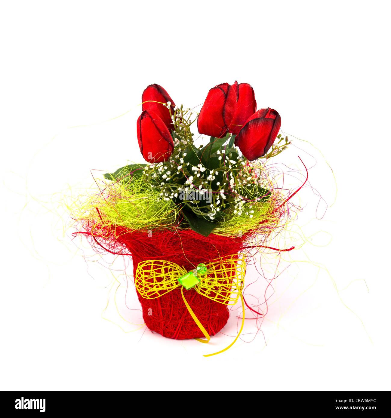 Composition with artificial flowers in a pot isolated on white ...