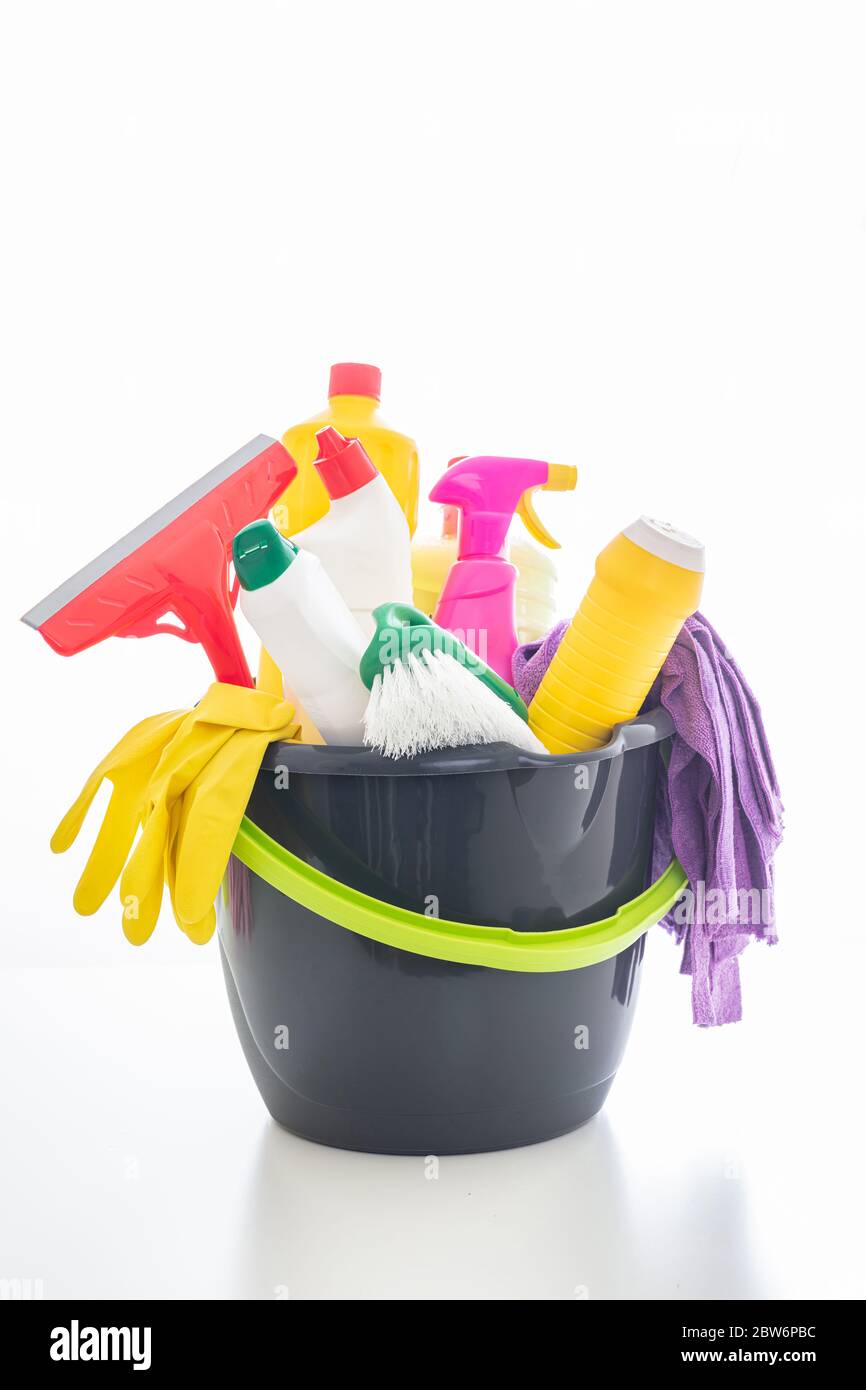 Cleaning products isolated against white background. Plastic chemical ...