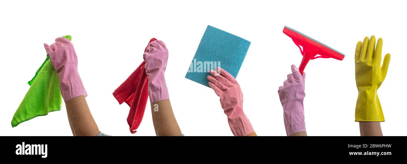 Cleaning, hand holding cleaning accessories isolated against white ...