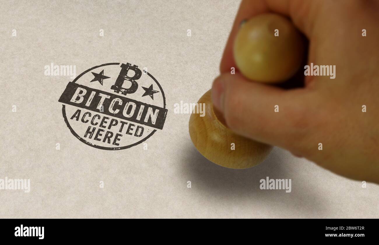 Bitcoin accepted here stamp and stamping hand. Cryptocurrency mining ...