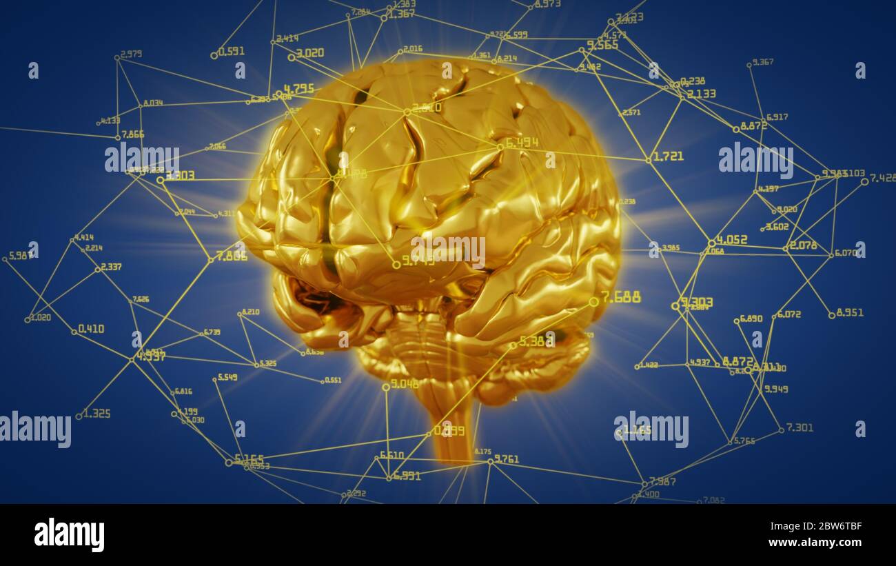 3d illustration golden brain with computational and mathematical data ...