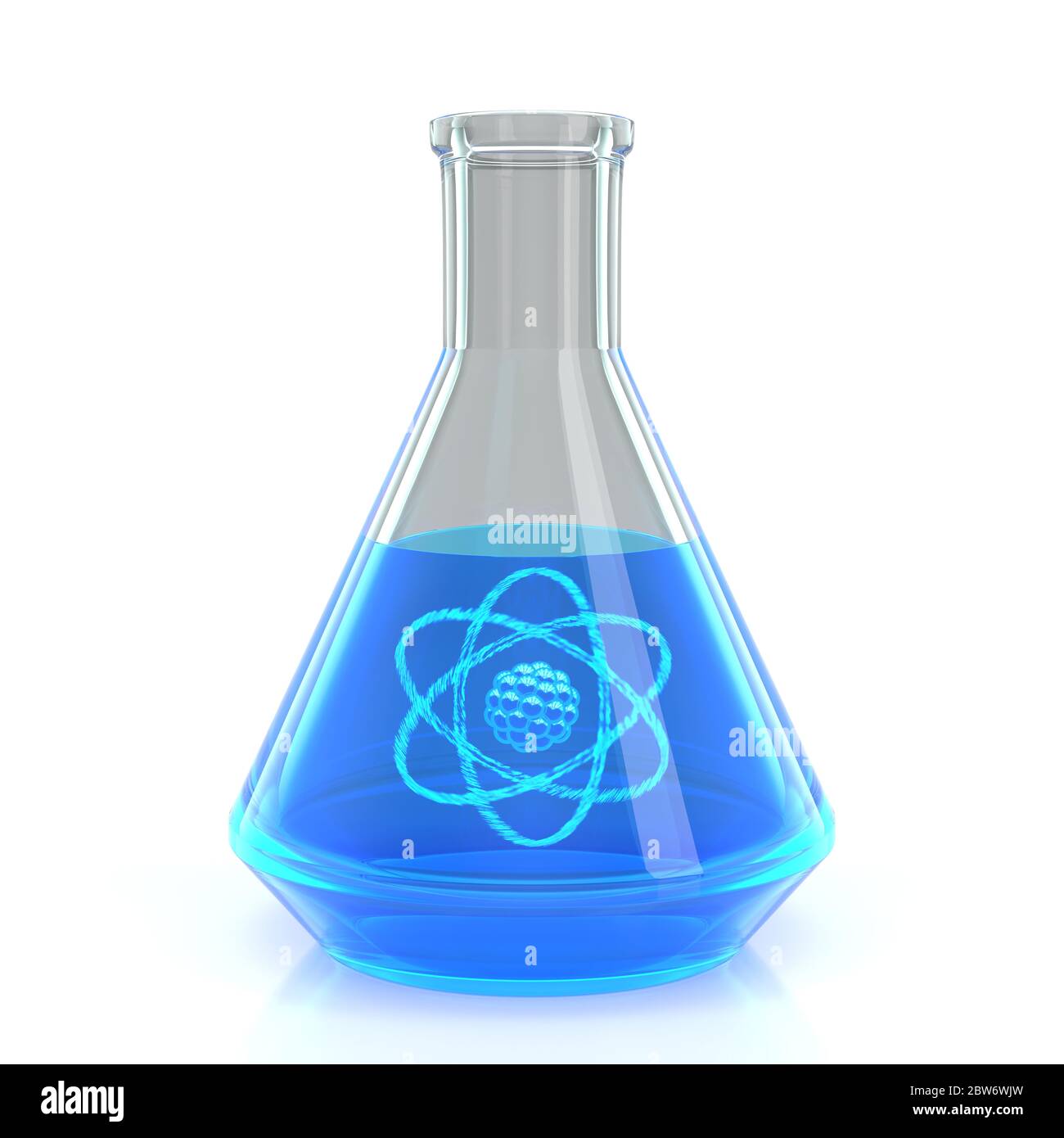 Erlenmeyer flask filled with blue liquid and an atomic symbol, on a ...