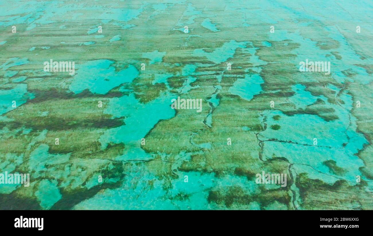 Coral bottom with reefs and shallow depth of the sea near the island of ...