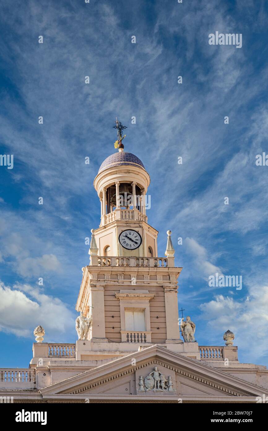 Clock and Bell Tower on Church in Cadiz Stock Photo - Alamy