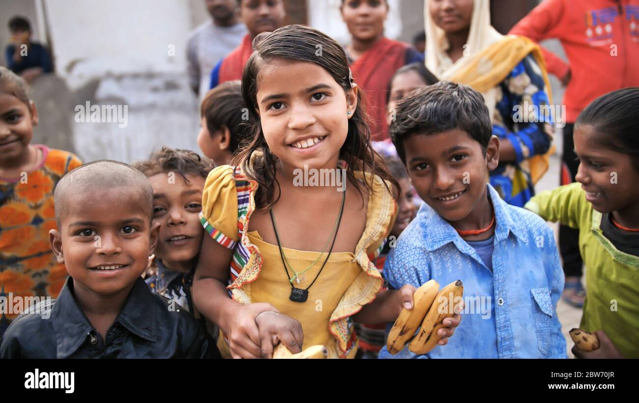 Agra, India - December 12, 2018: Children from poor areas of the city ...