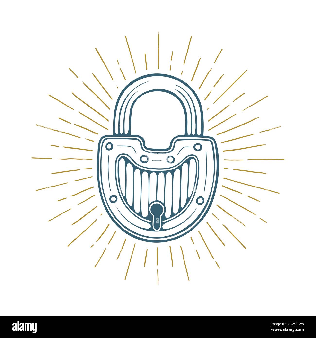 Padlock. Hand drawn padlock with rays vector illustration. Glowing ...