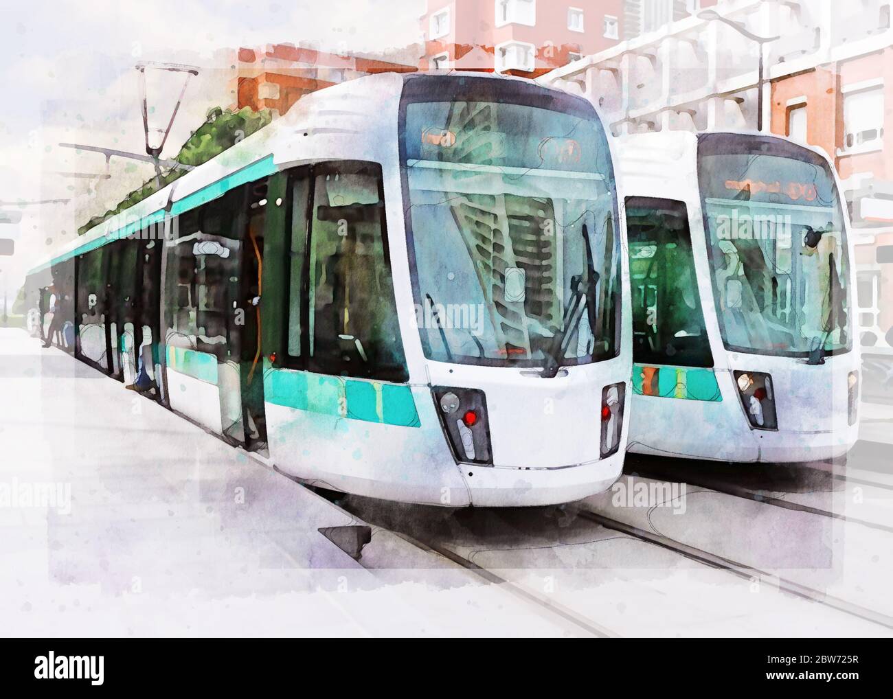 Digital watercolors painting of two trams at the tram platform opening ...
